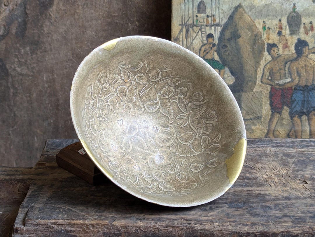 Ly Tran Dynasty 12th-14th Bowl Pottery Glazed Olive Green Molded ...