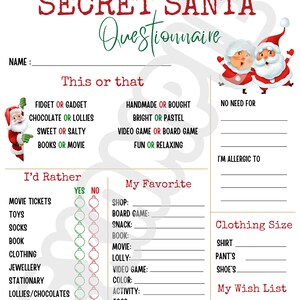 Printable Secret Santa Questionnaire, Office Holiday Party Game (PDF ...