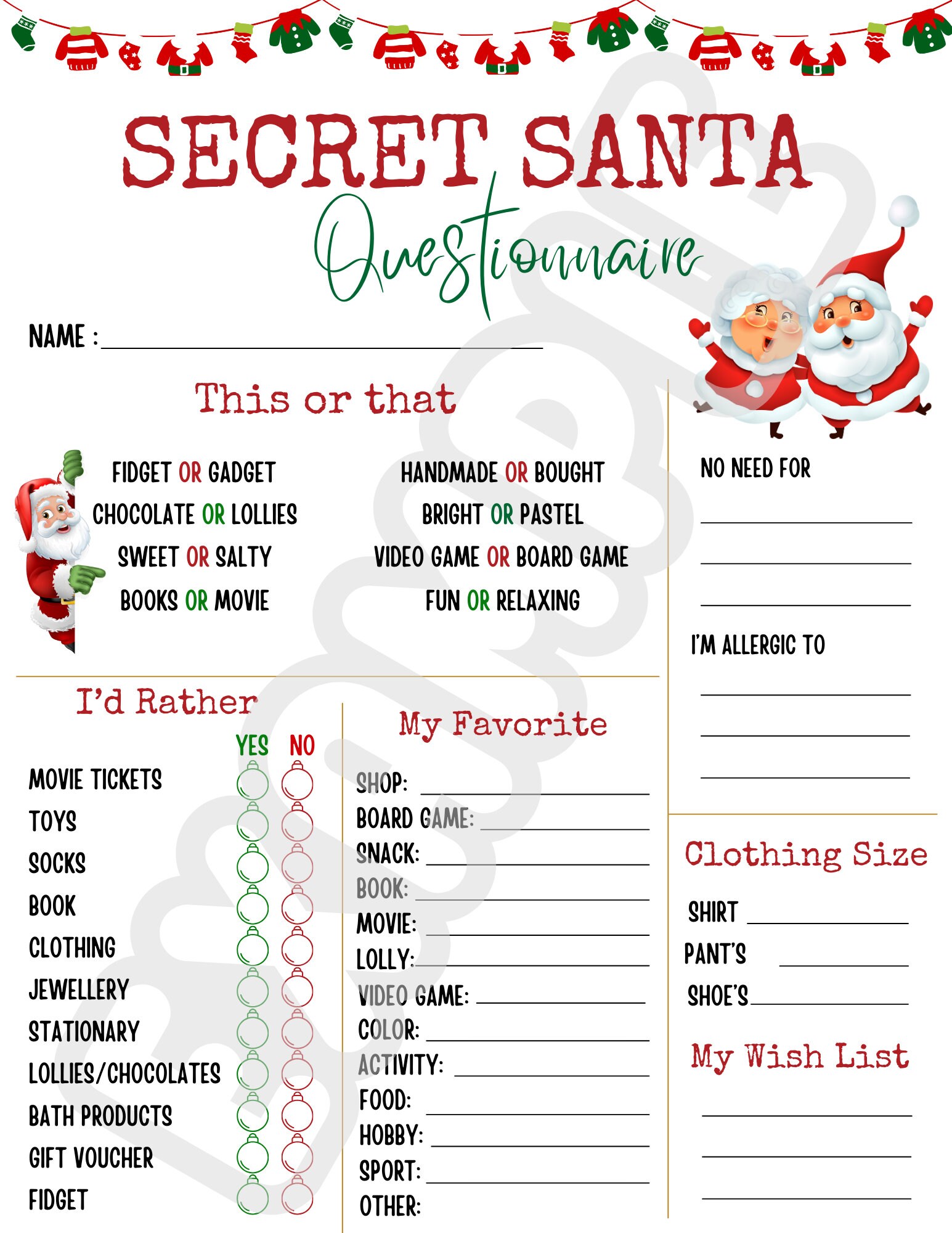 Printable Secret Santa Questionnaire, Office Holiday Party Game (PDF ...