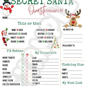 Printable Secret Santa Questionnaire, Office Holiday Party Game (PDF ...