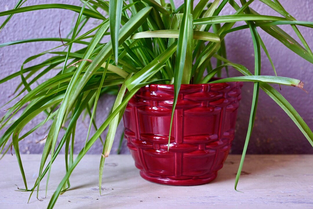 Large Red Woven Bamboo Style Planter Basin Old Ceramic Planter From ...