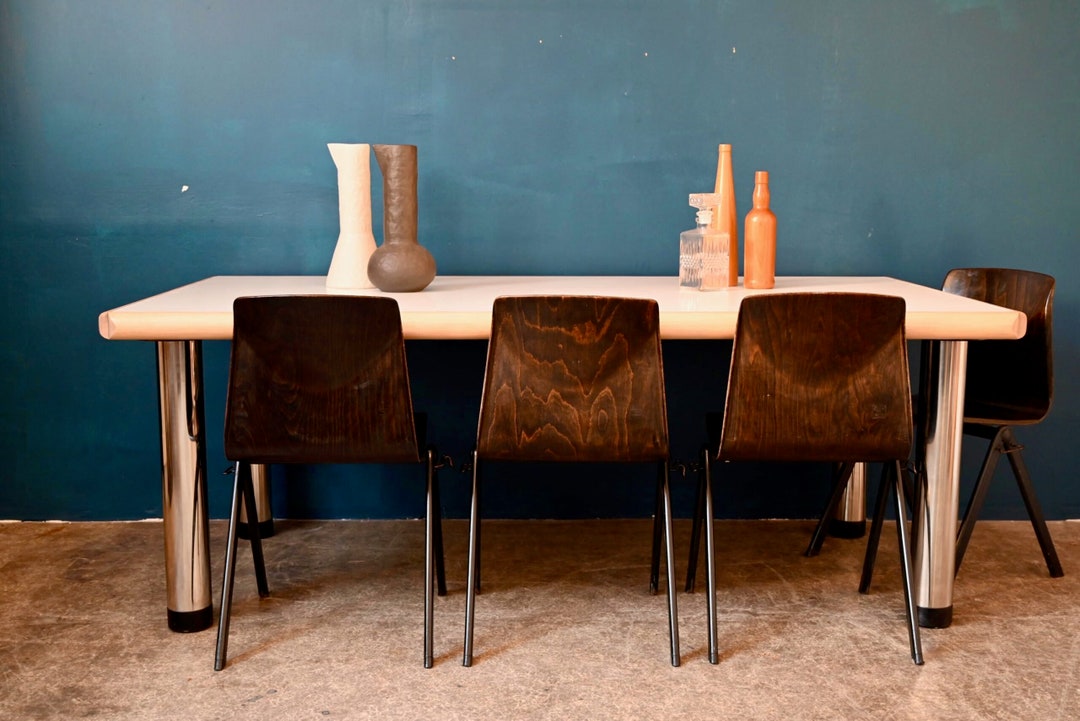 Large Rectangular Swiss Designer Table From the 1980s, Wood and Chrome ...