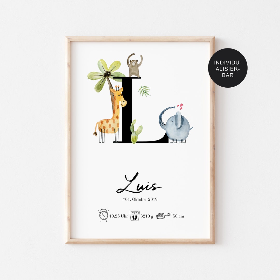 Birth Board Poster With Personalized Birth Data safari Animals Birth ...