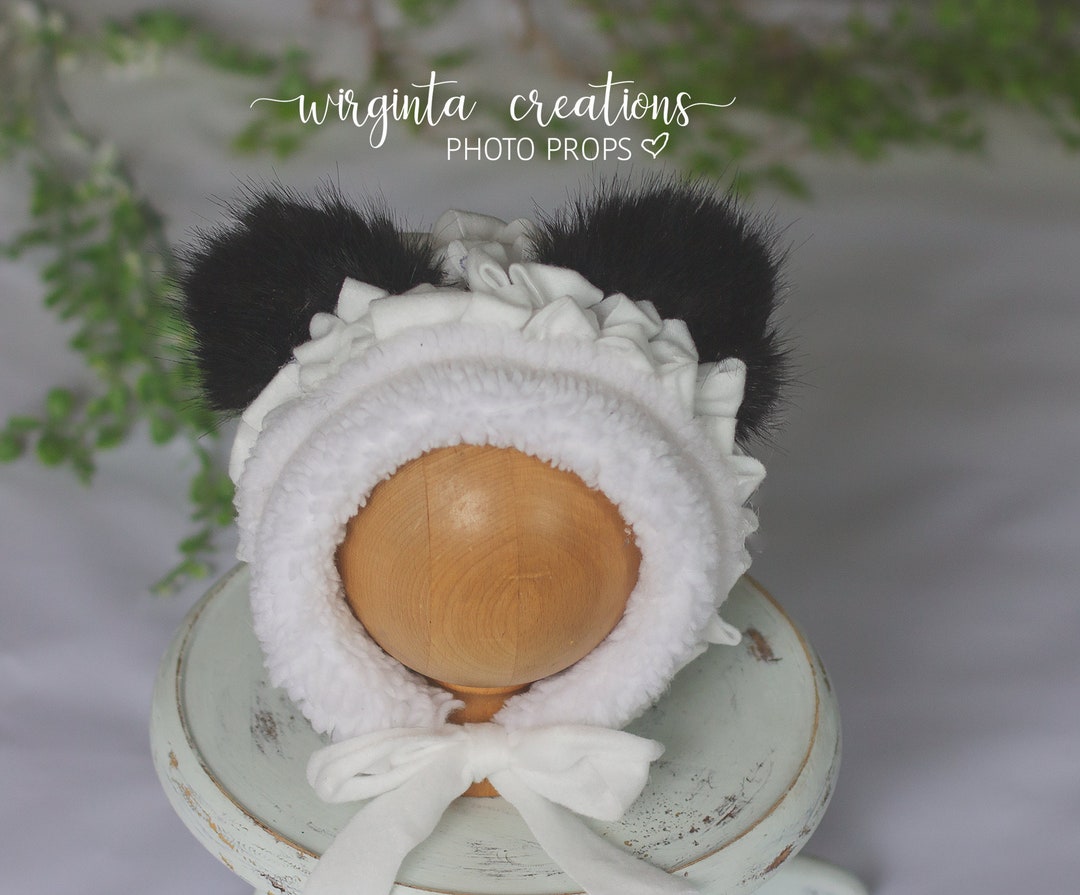 Tattered Style Panda Bonnet for 12-24 Months Old. White and Black ...
