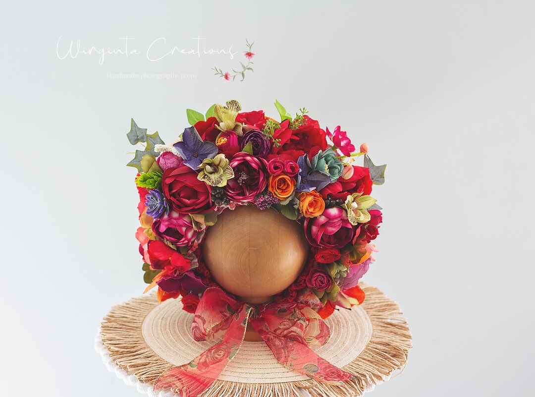 Flower Bonnet for 12-24 Months Old | Burgundy Colour | Photography Prop ...