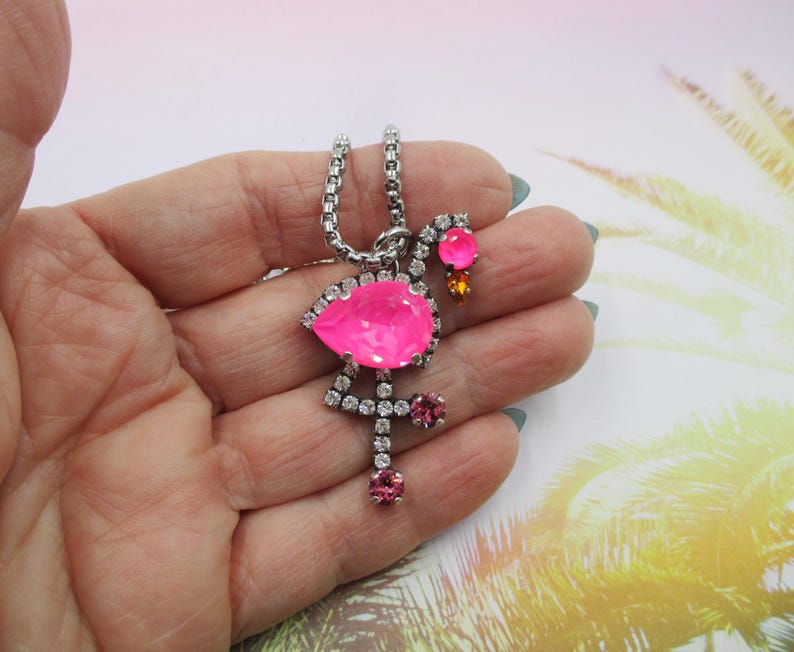 FLAMINGO Crystal Necklace, Neon Pink, Summer Necklace, Vacation Jewelry ...