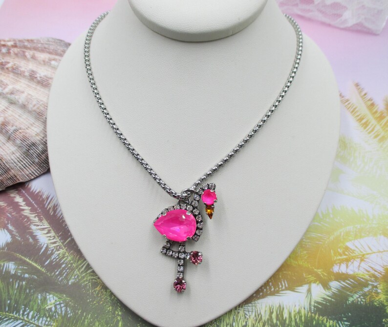 FLAMINGO Crystal Necklace, Neon Pink, Summer Necklace, Vacation Jewelry ...