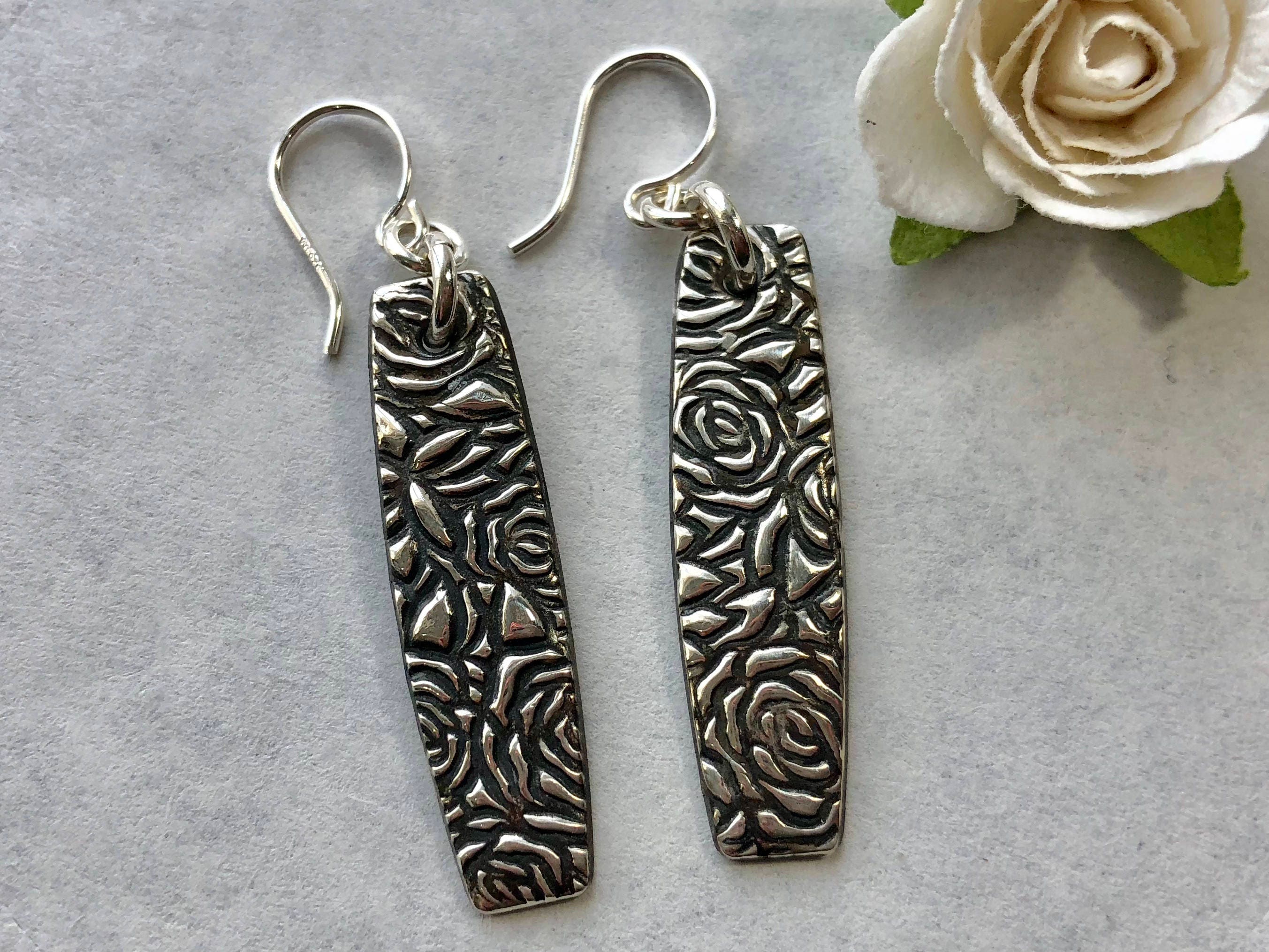 Silver Roses Earrings Roses Pattern Sterling Silver Dangle - Etsy