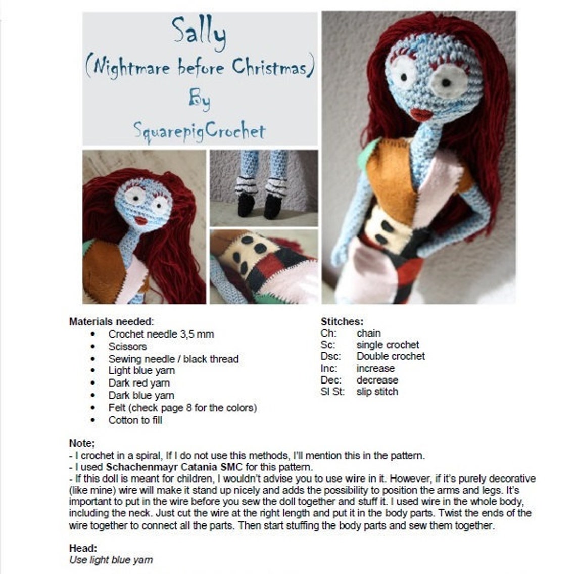 Sally crochet pattern 14'' inch ready for halloween | Etsy