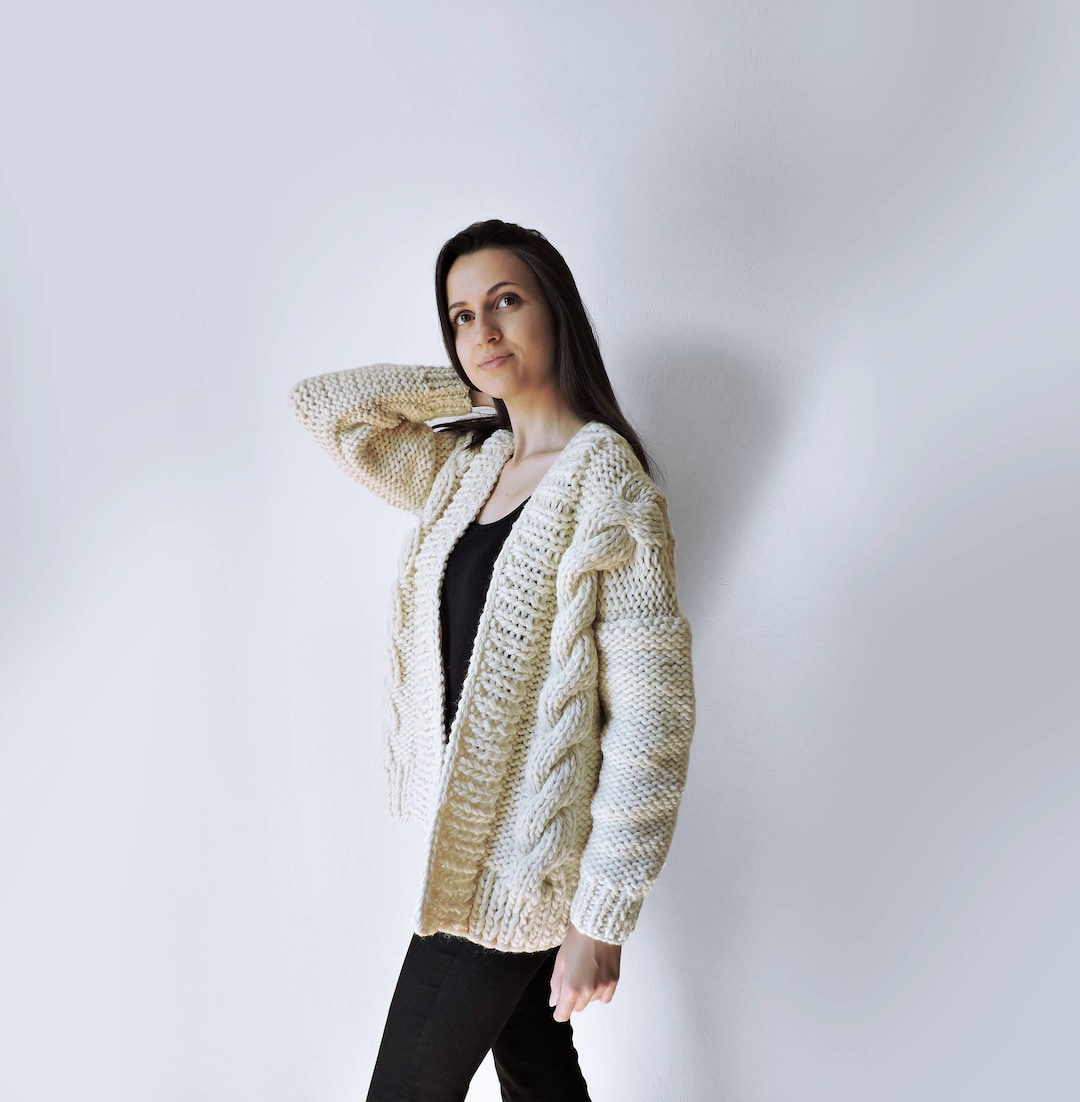 Hand Knitted Cardigan, Chunky Knit Jacket, Wool Cable Knit Bomber ...