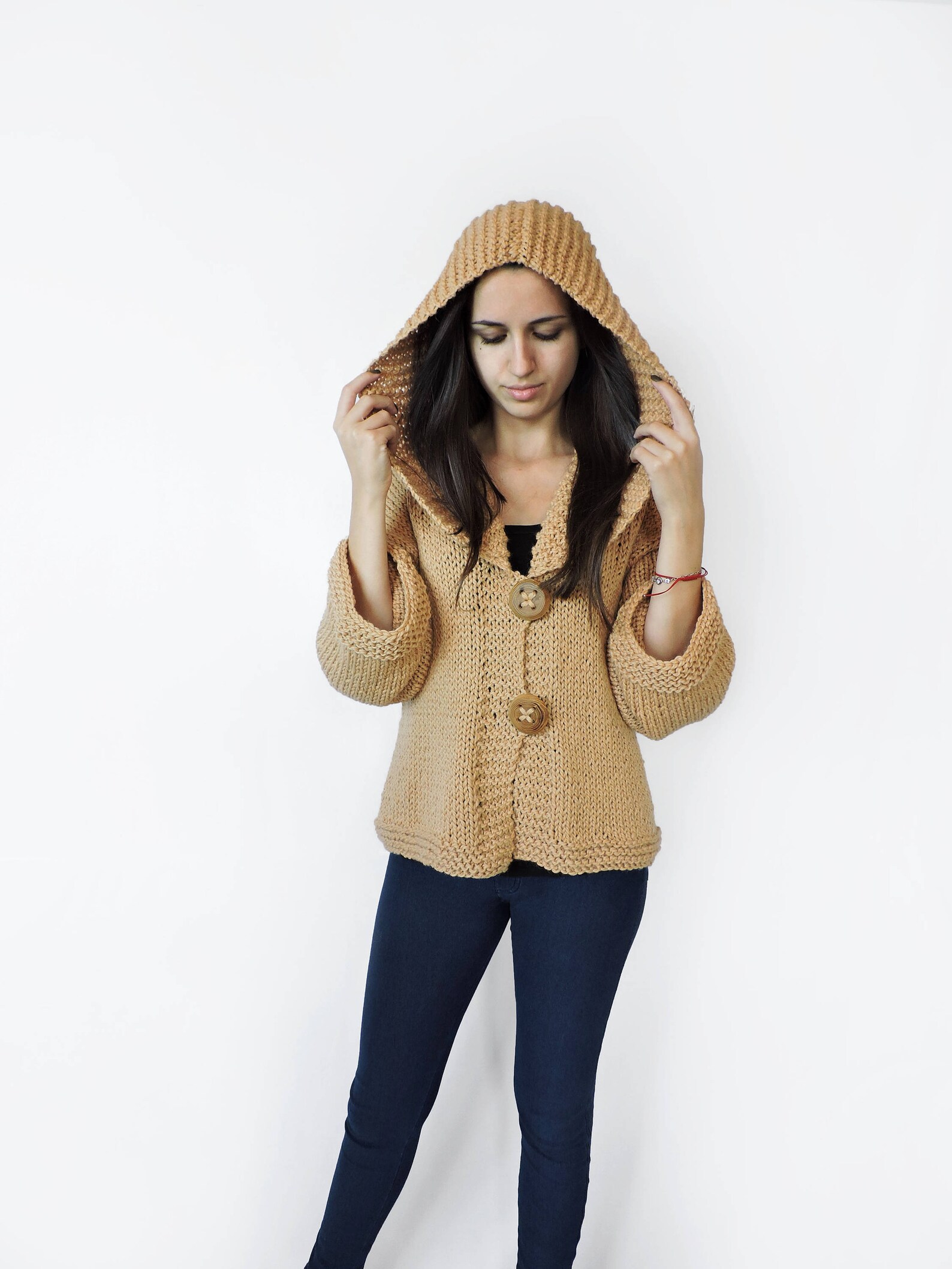 Merino Wool Cardigan, Hooded Knit Jacket, Ivory Wool Knit Hoodie, Plus ...