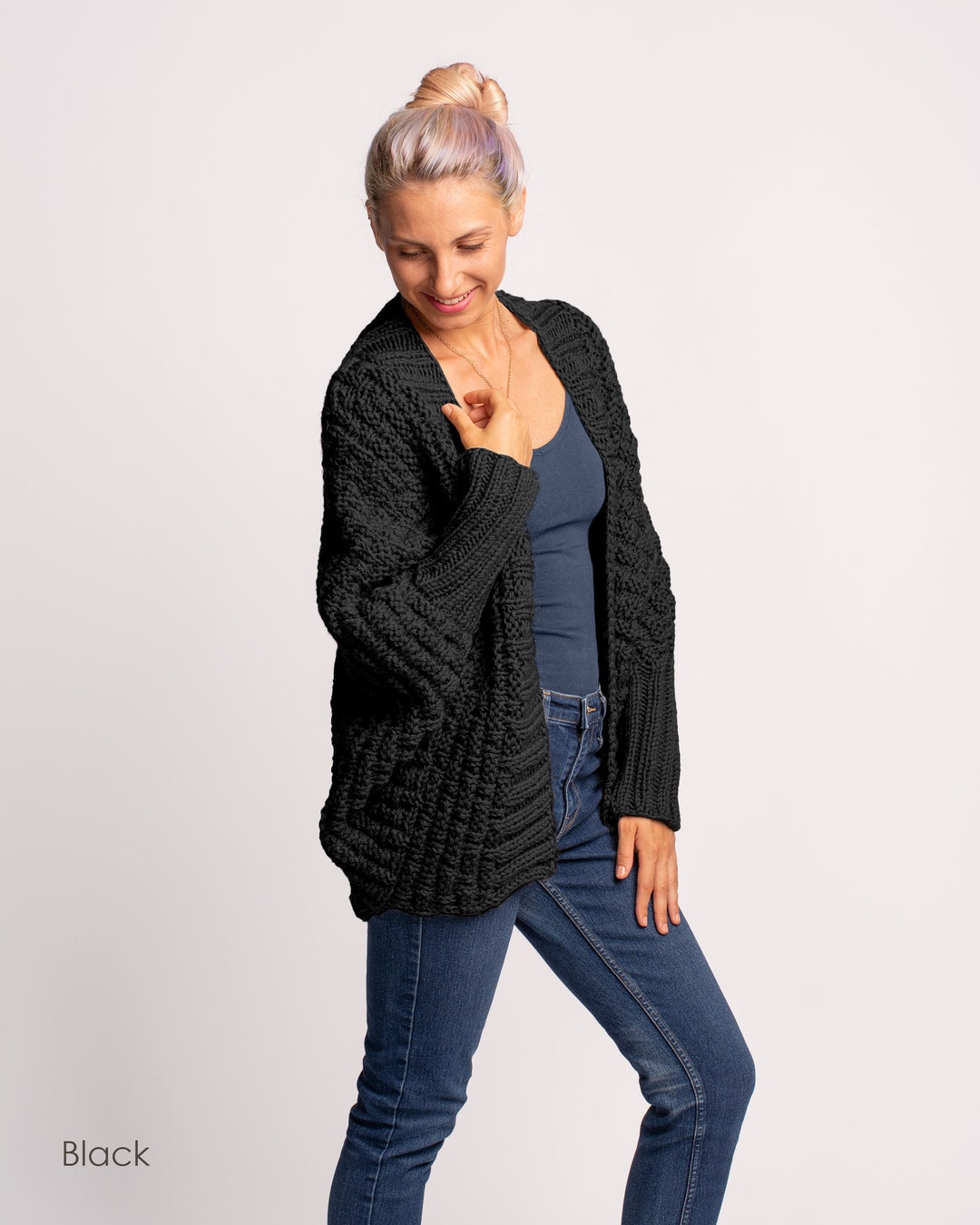 Black Chunky Knit Wool Cardigan in Plus Size, More Colours Available - Etsy