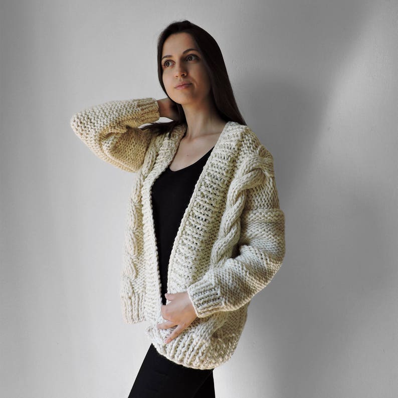 Hand Knitted Cardigan, Chunky Knit Jacket, Wool Cable Knit Bomber ...