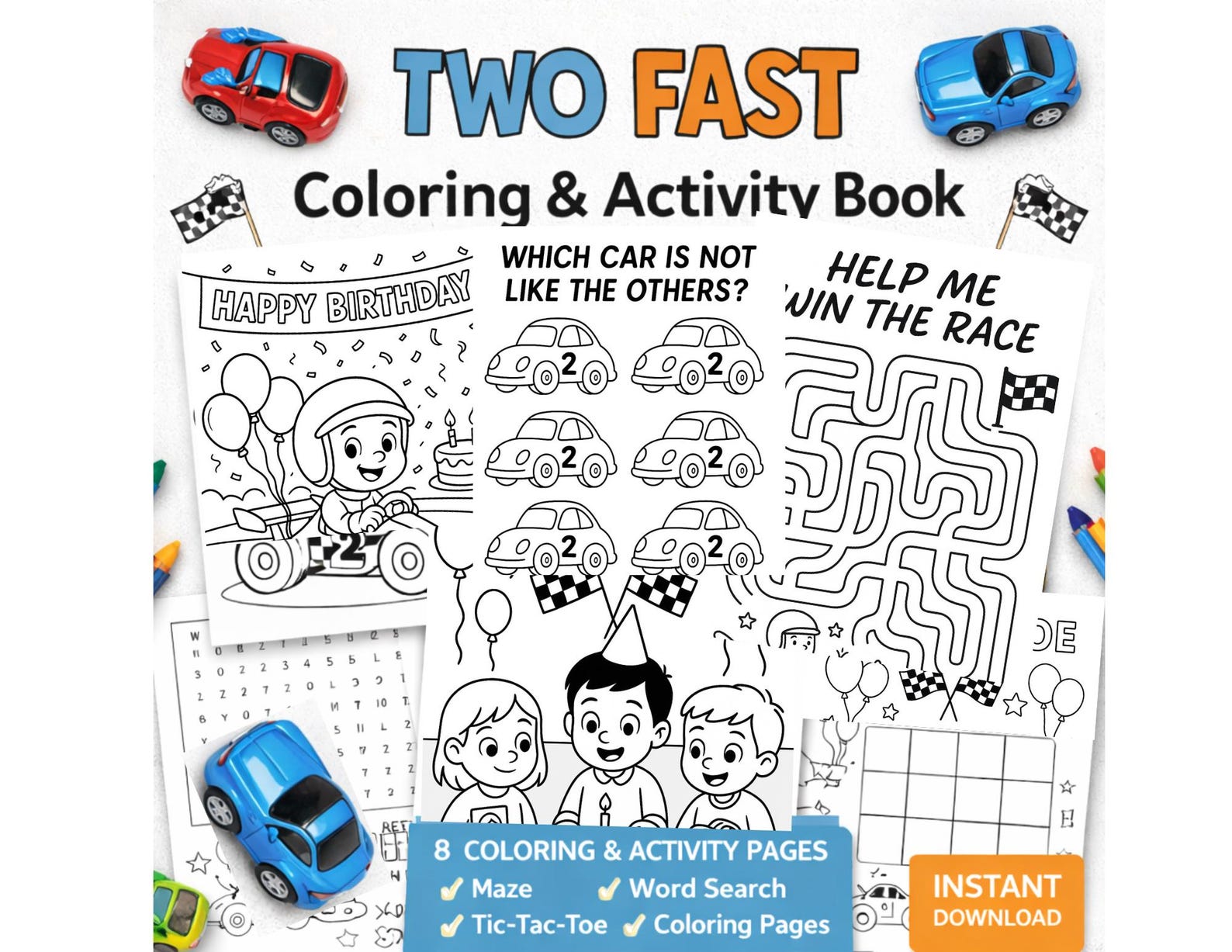 Two Fast Birthday Coloring Book – Race Car Theme | Instant Download - Etsy
