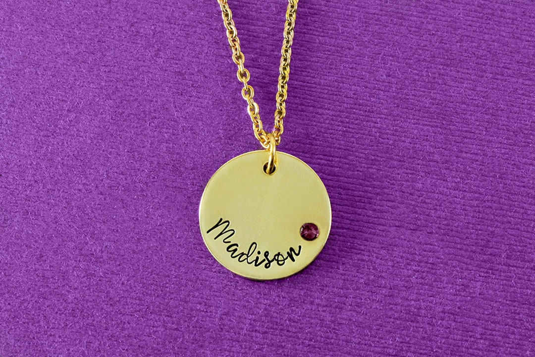 Name Birthstone Necklace Gold Tone Brass Personalized Name Birthstone ...