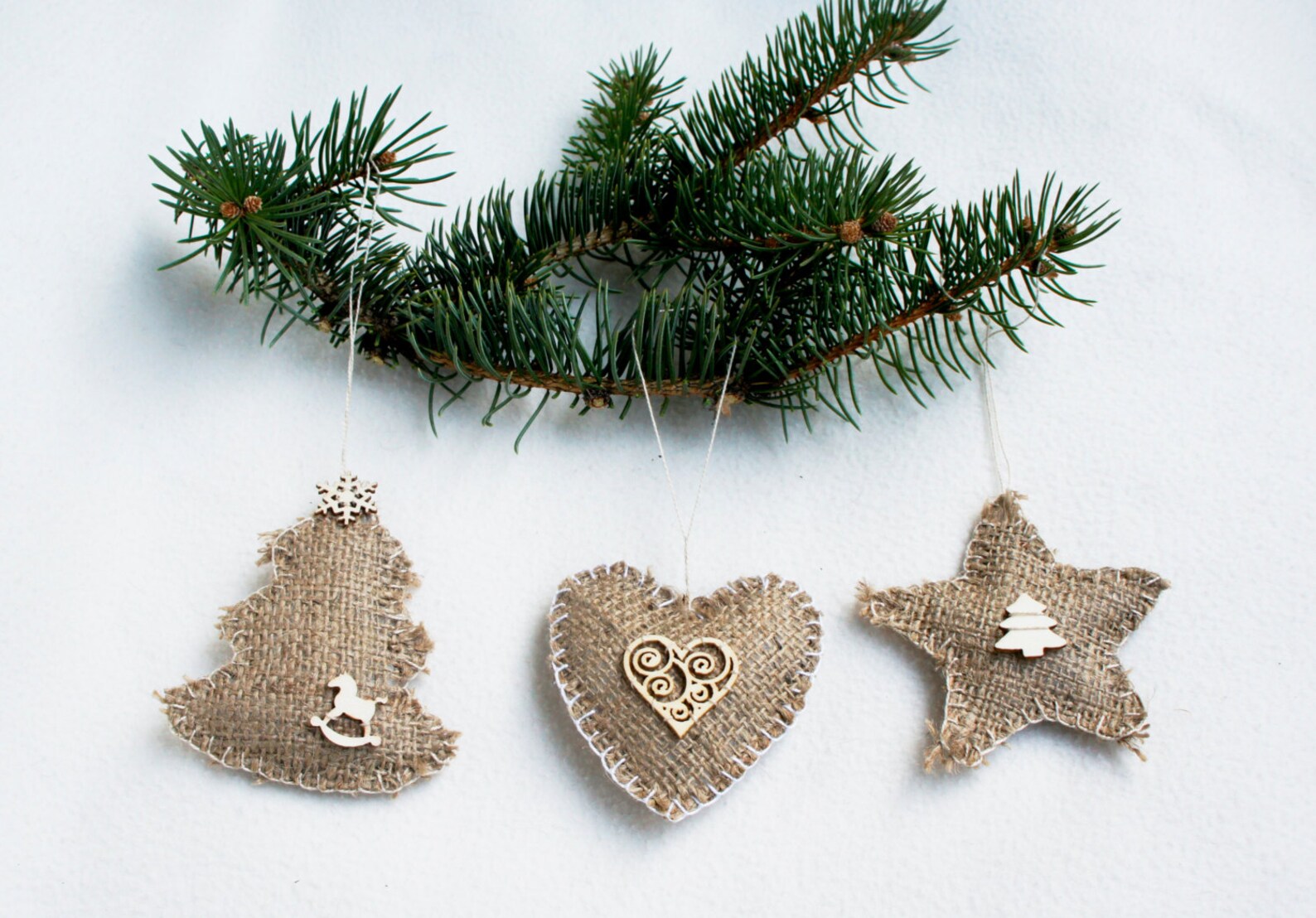Christmas Ornament Burlap Set of 3 Natural Christmas Tree Decoration ...