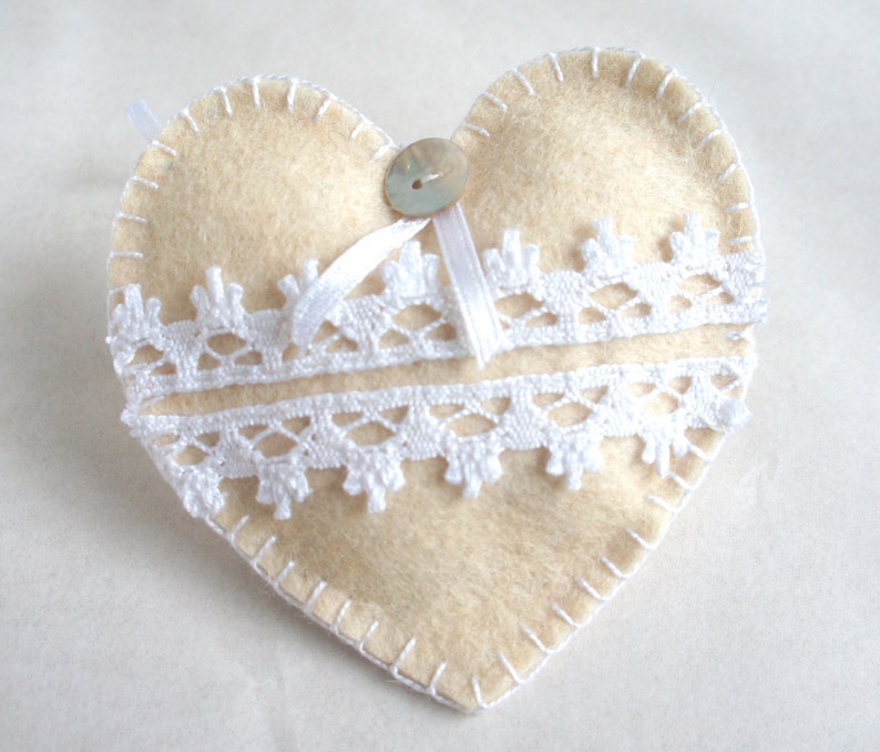 Heart Ornament Felt Set of 3 Button Flowers Lace White - Etsy