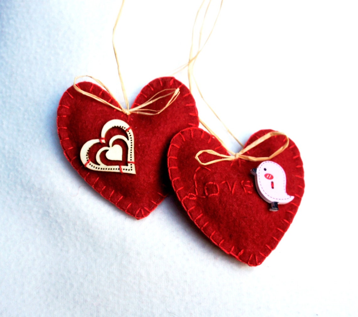 Heart Ornament Felt Set of 2, Red Heart, Valentine's Day, Mother's Day ...