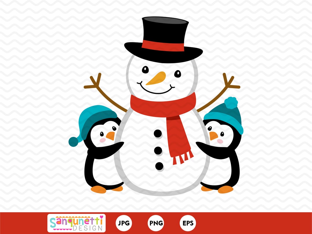 Penguins Hugging Snowman Clipart Digital Art, Winter Clipart Instant ...