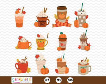 Pumpkin Spice Coffee Clipart Pack, Transparent Background, Watercolor ...