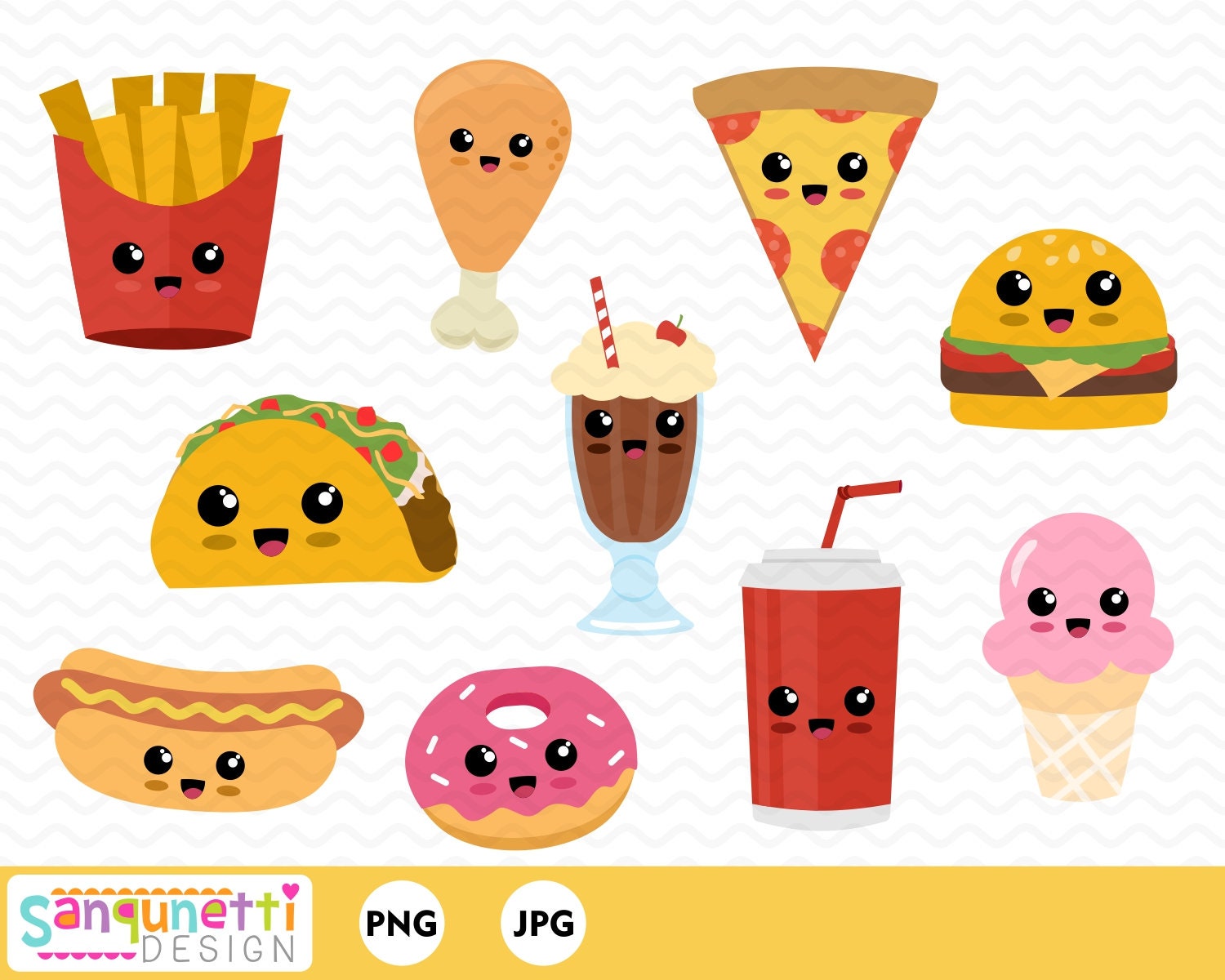 Kawaii Junk Food Clipart Fast Food and Pizza Digital Art - Etsy