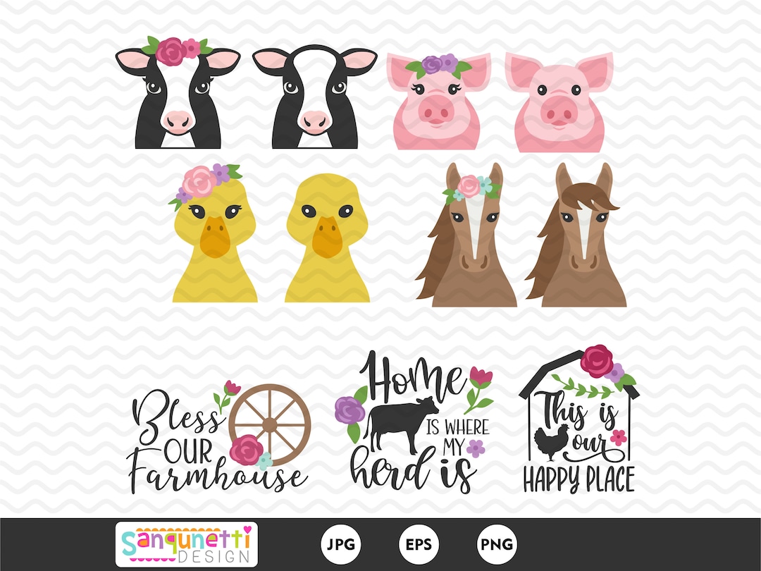Farm Animals and Lettering Clipart, Farmhouse Digital Art, Cow Pig ...