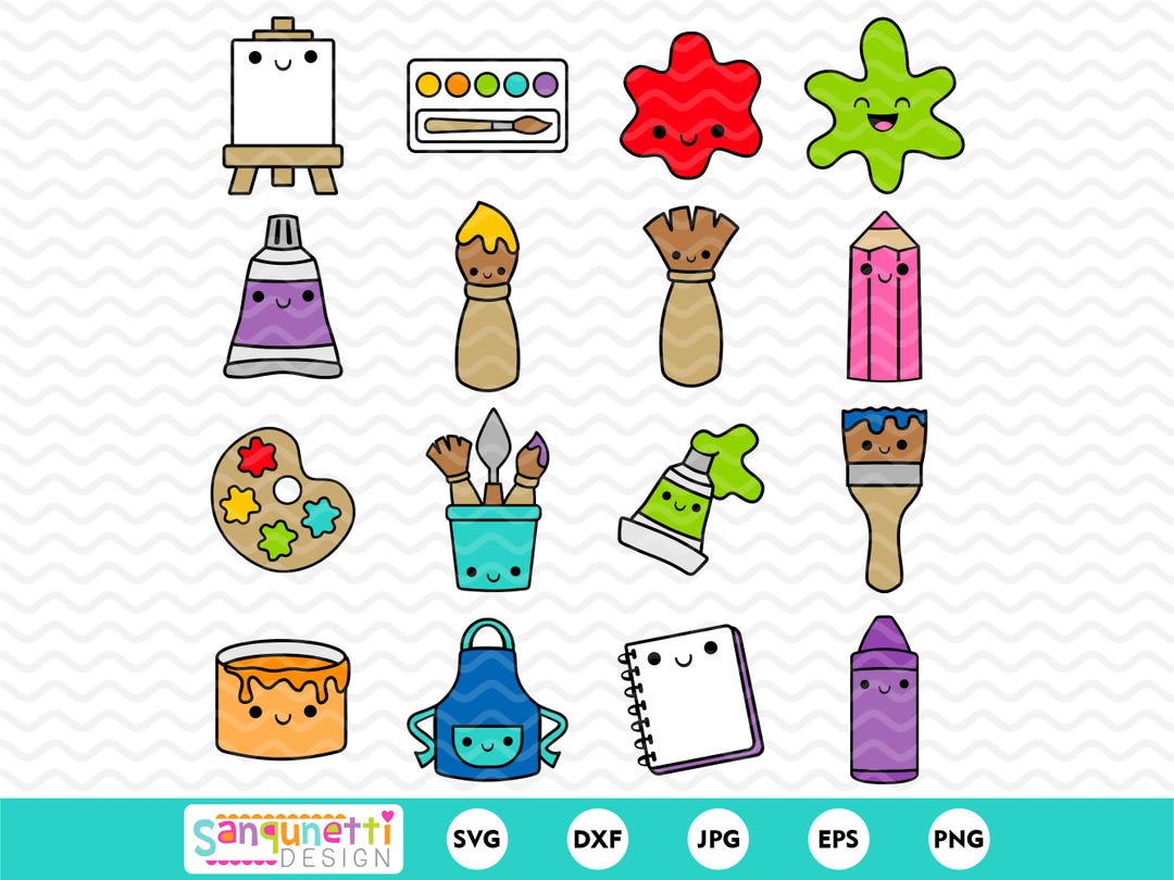 Chunky Art Supplies PNG SVG Clipart Bundle | Kawaii School Art Graphics ...
