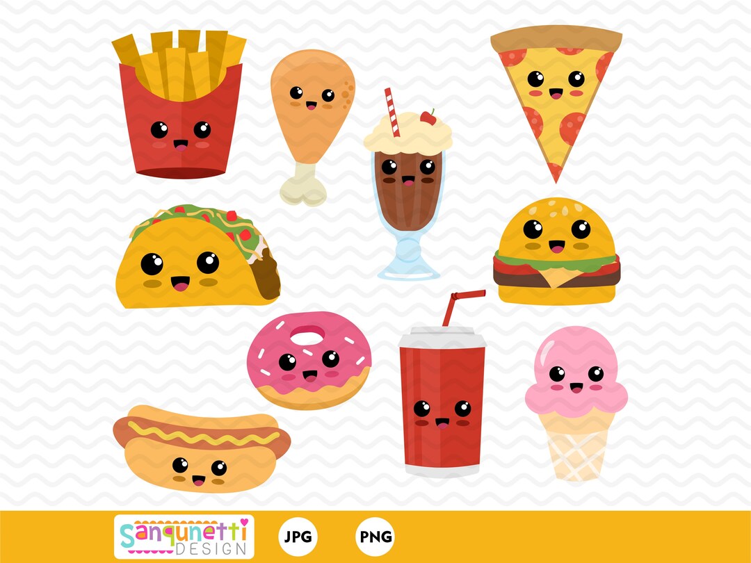 Kawaii Junk Food Clipart, Fast Food and Pizza Digital Art, Instant ...