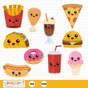 Kawaii Junk Food Clipart, Fast Food and Pizza Digital Art, Instant ...