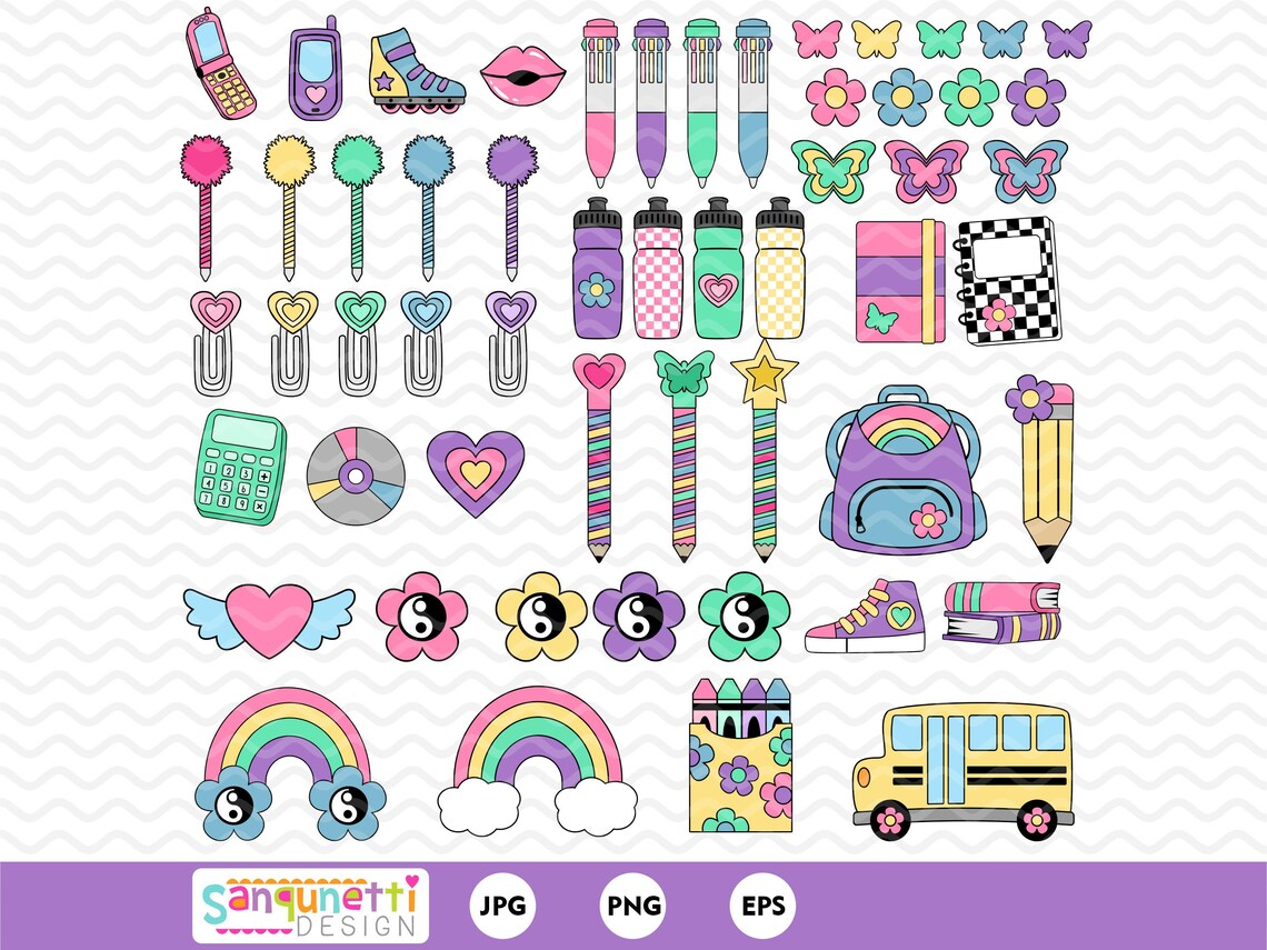 Y2K / 90s Classroom Clipart Bundle | Back to School Supplies PNG - Etsy