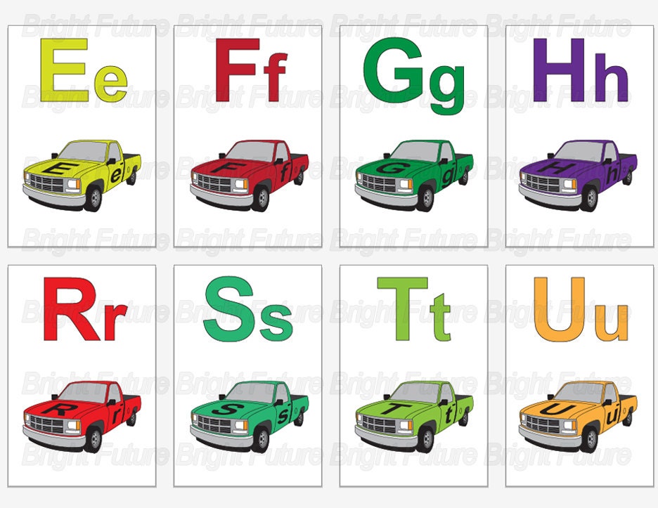 ABC Pickup Truck Flashcards Download. Colorful Pickup Trucks With the ...