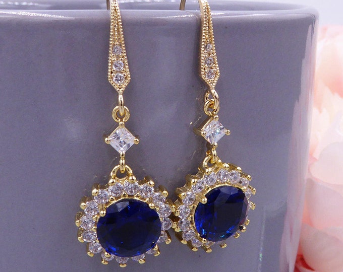 Sapphire Navy Blue Crystal Drop Earrings, Gold, With Diamond Shape ...