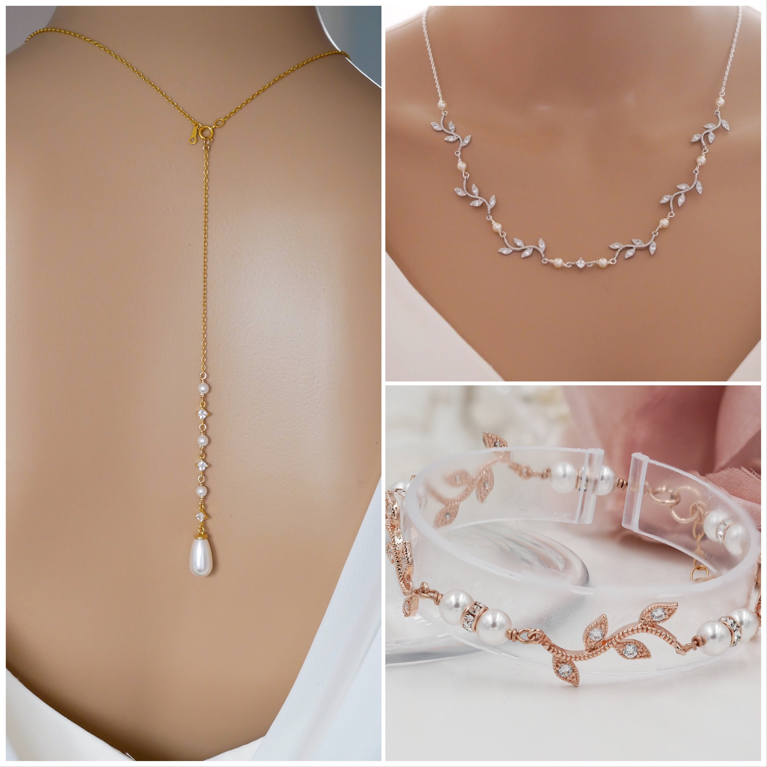 Leaf Vine Necklace Backdrop Earrings With Swarovski Pearls Bridal