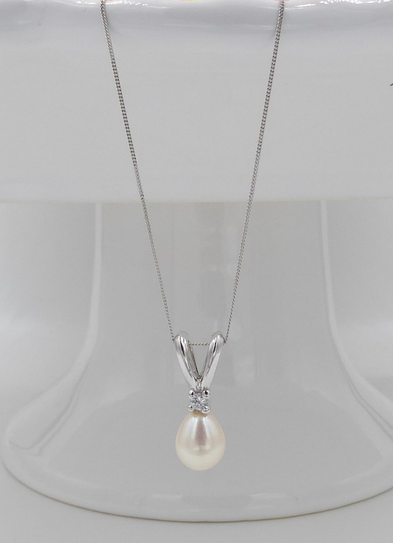 Freshwater Pearl Drop Pendant Necklace With Cubic Zirconia Etsy Uk
