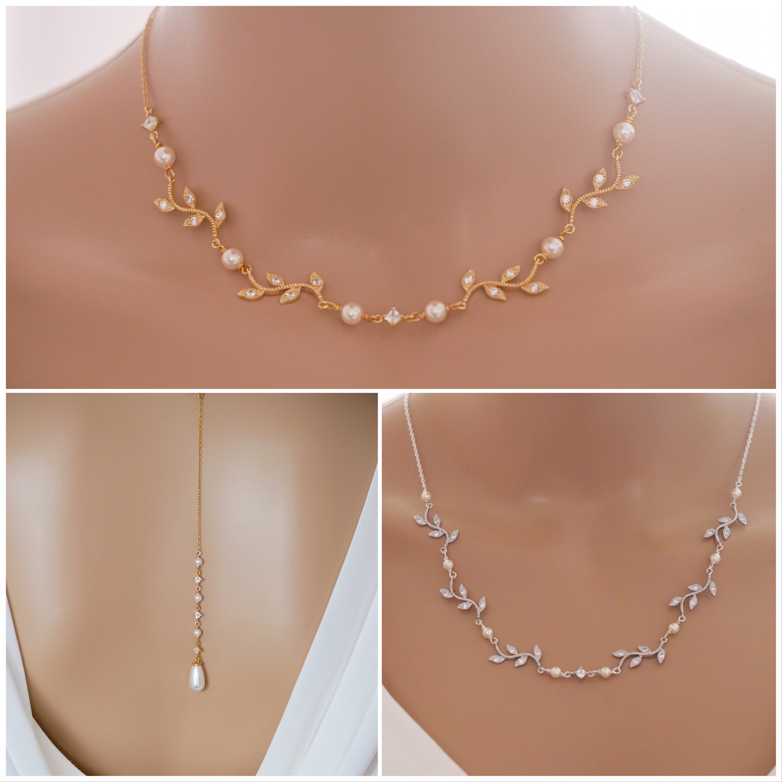 Leaf Vine Necklace Backdrop Earrings With Swarovski Pearls Bridal