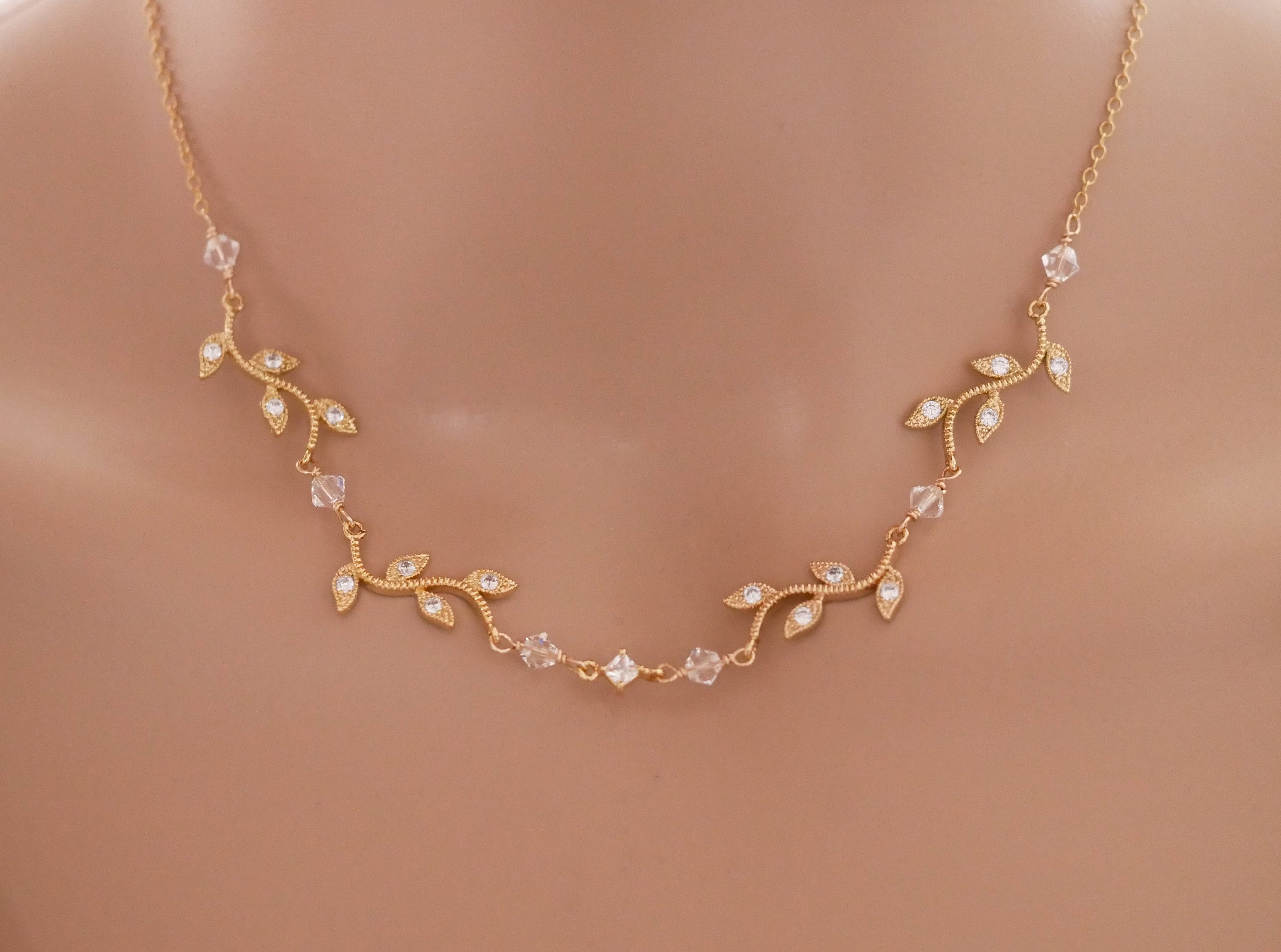 Gold Silver Leaf Vine Necklace Backdrop Earrings With Swarovski