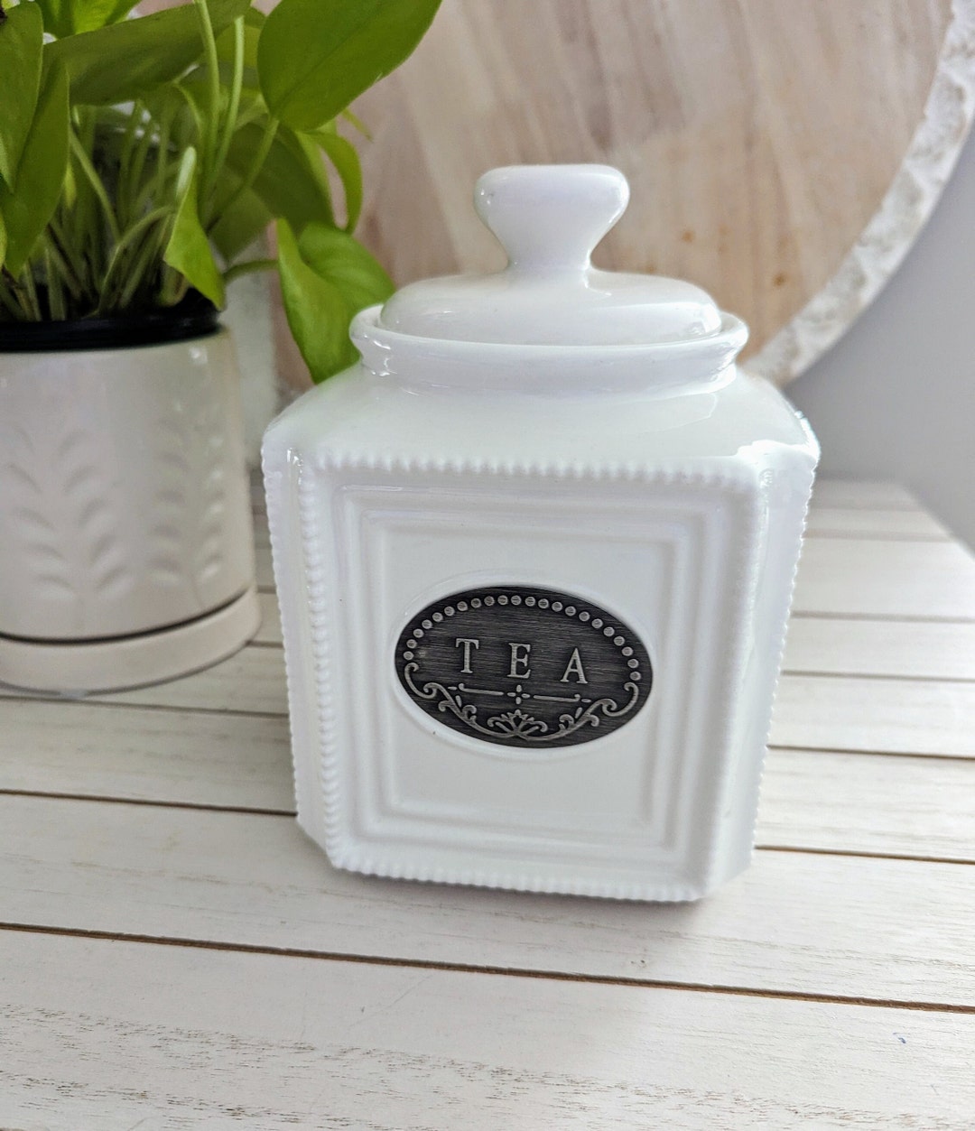 THL Tea Canister With Lid , White Beaded Ceramic Tea Storage Silver ...
