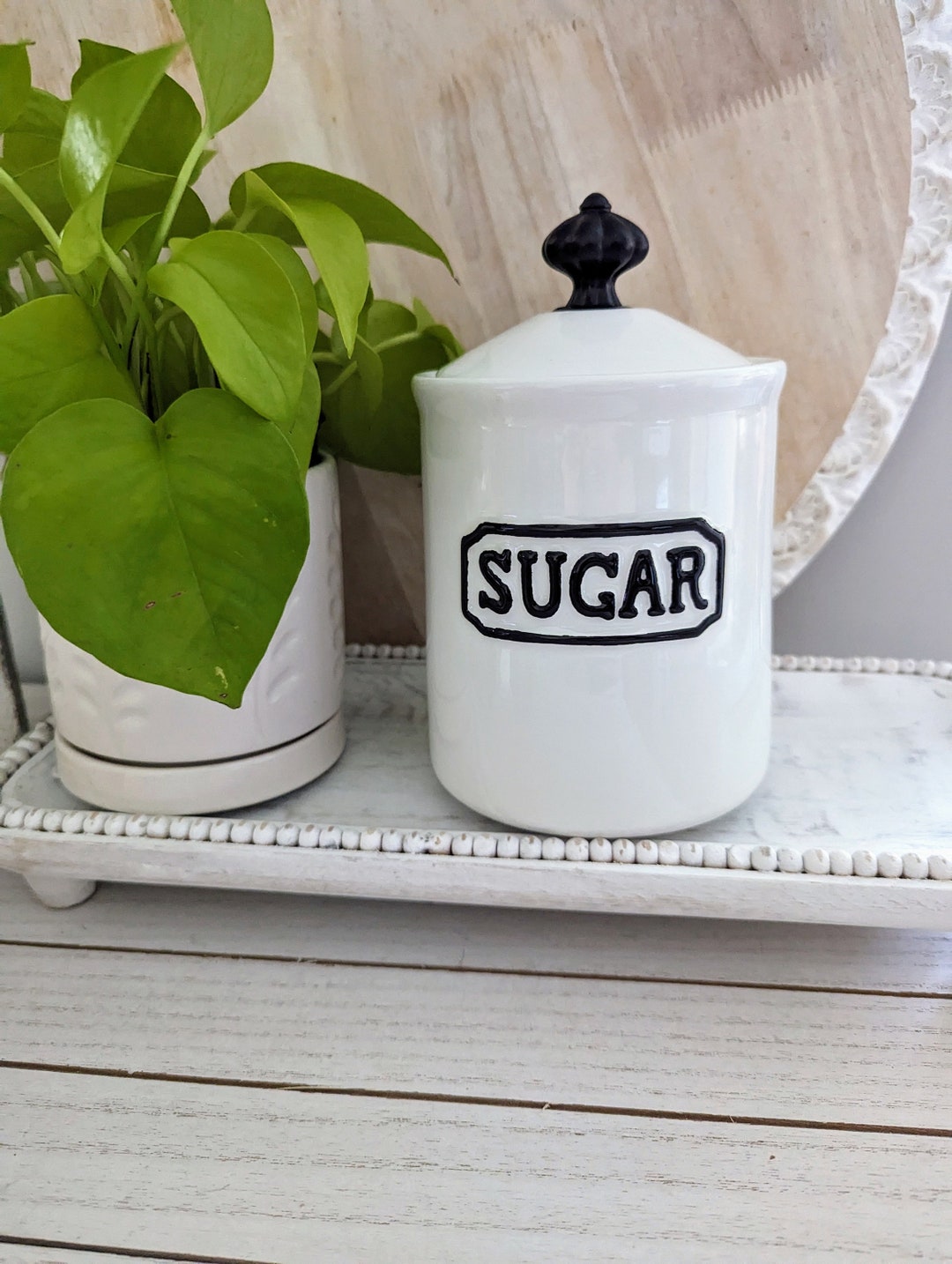 Sugar Canister Crown Knob , THL Sugar Storage , 7.5 Tall Ceramic Sugar ...