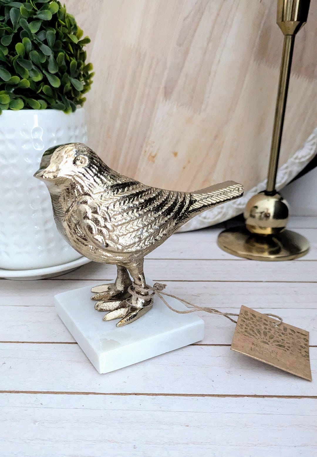 Brass Sculpted Bird Marble Base , Gold Metal Wren Statue Tabletop ...