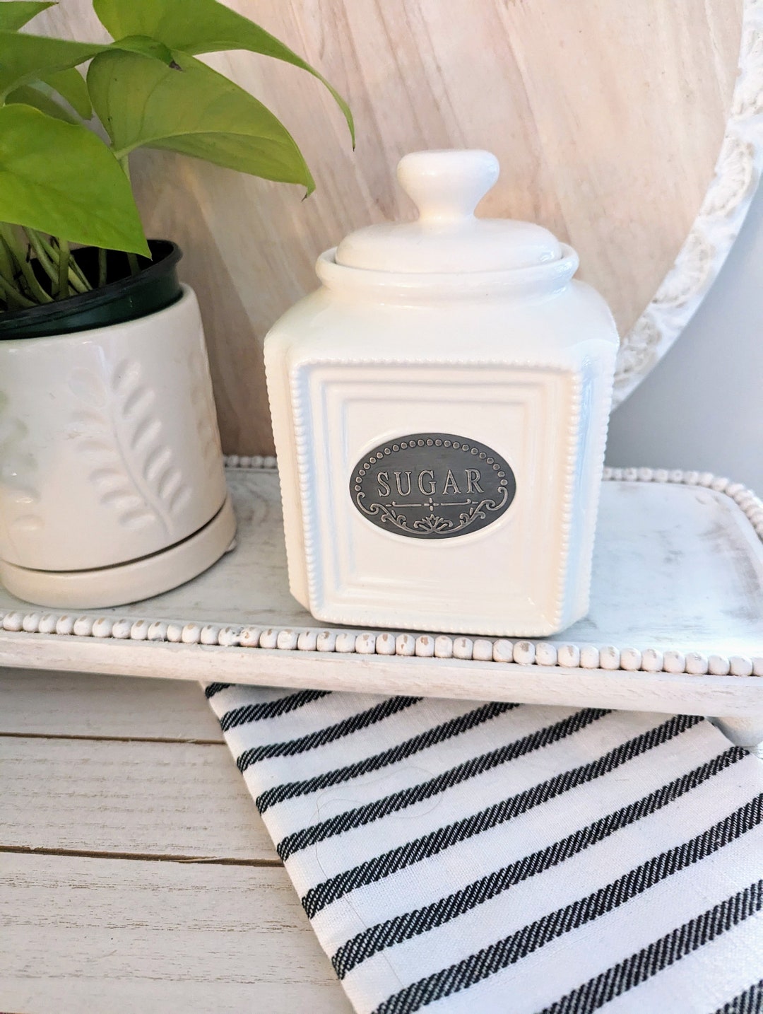 THL White Beaded Edge Sugar Canister , Farmhouse Sugar Storage ...