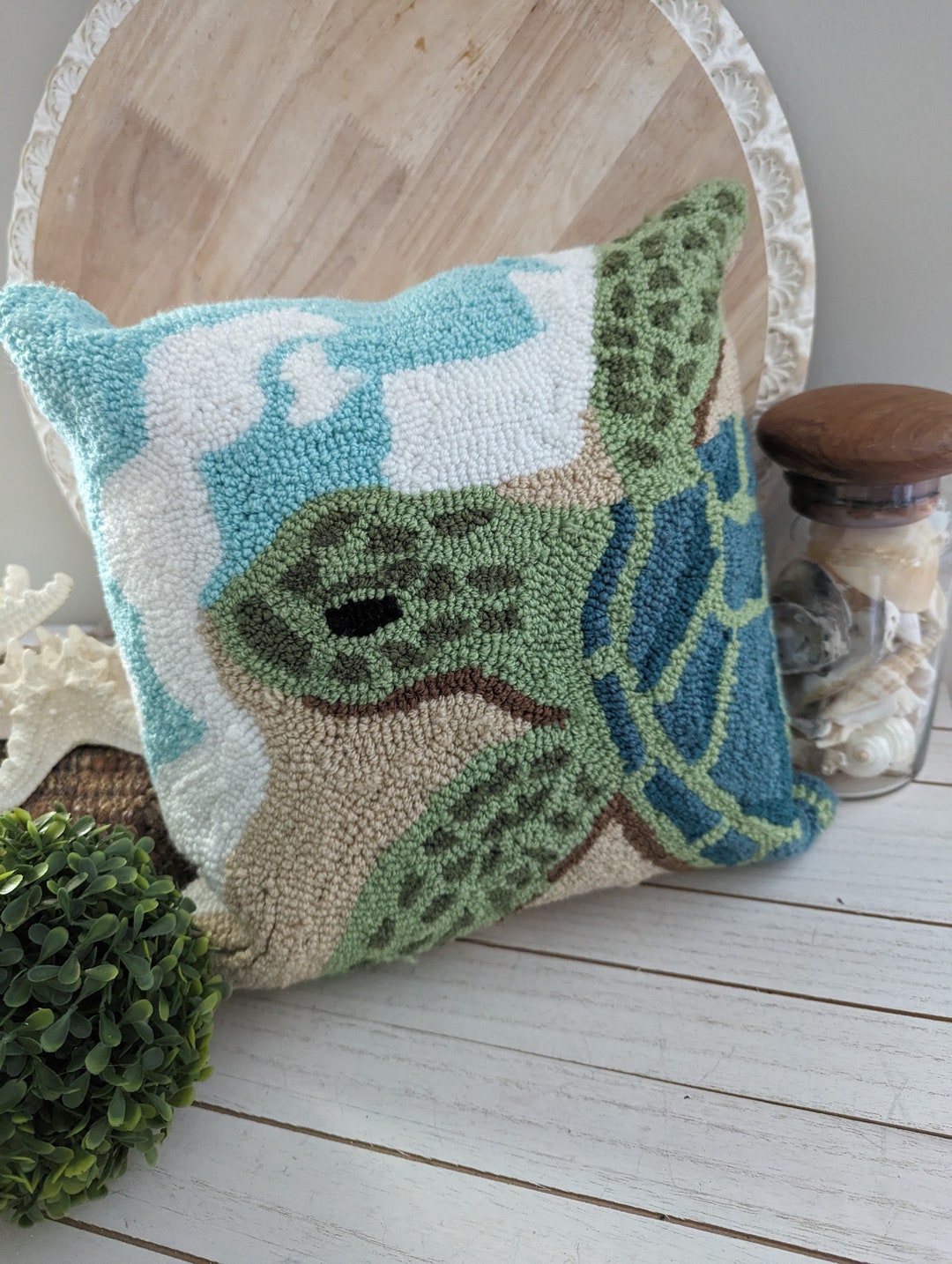 Sea Turtle Throw Pillow , Latch Hook Turtle Cushion , Coastal Home ...