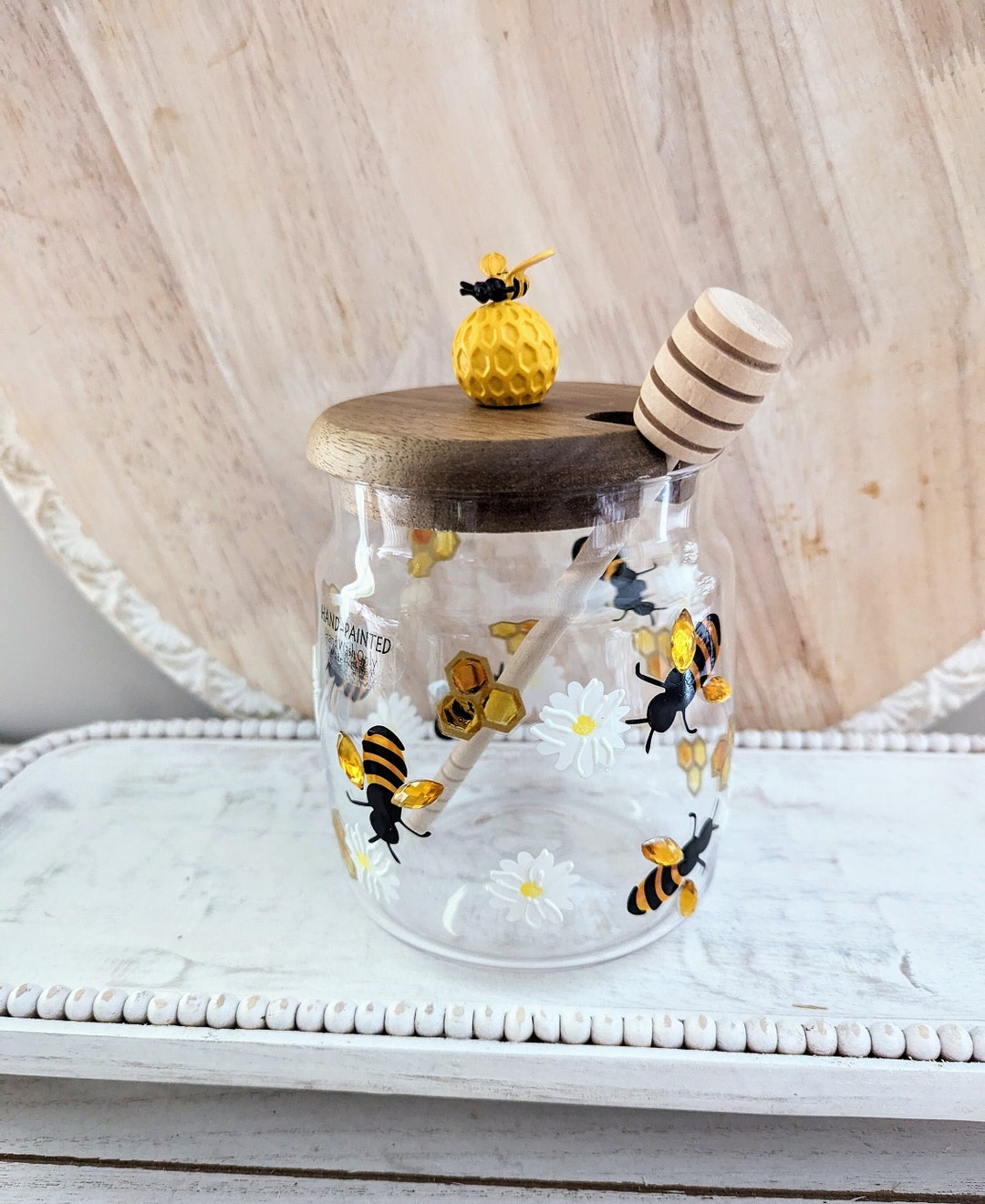 Glass Honey Pot , Bee Hive Jar Lid Wand , Honey Pot W/rhinestones ...