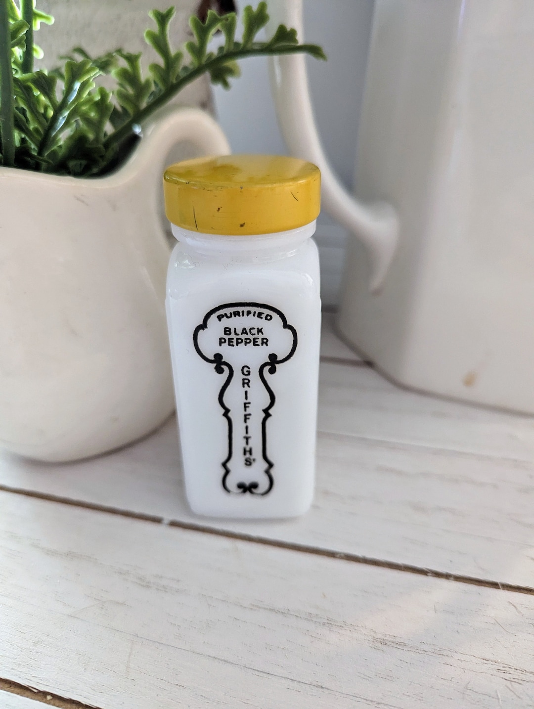 Vintage Griffith's Spice Jar , White Glass Yellow Metal Lid Jar ...