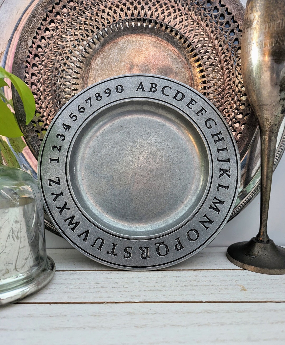 Carson Pewter Alphabet Numbers Plate, Vintage Silver Metal ABC and 123 ...