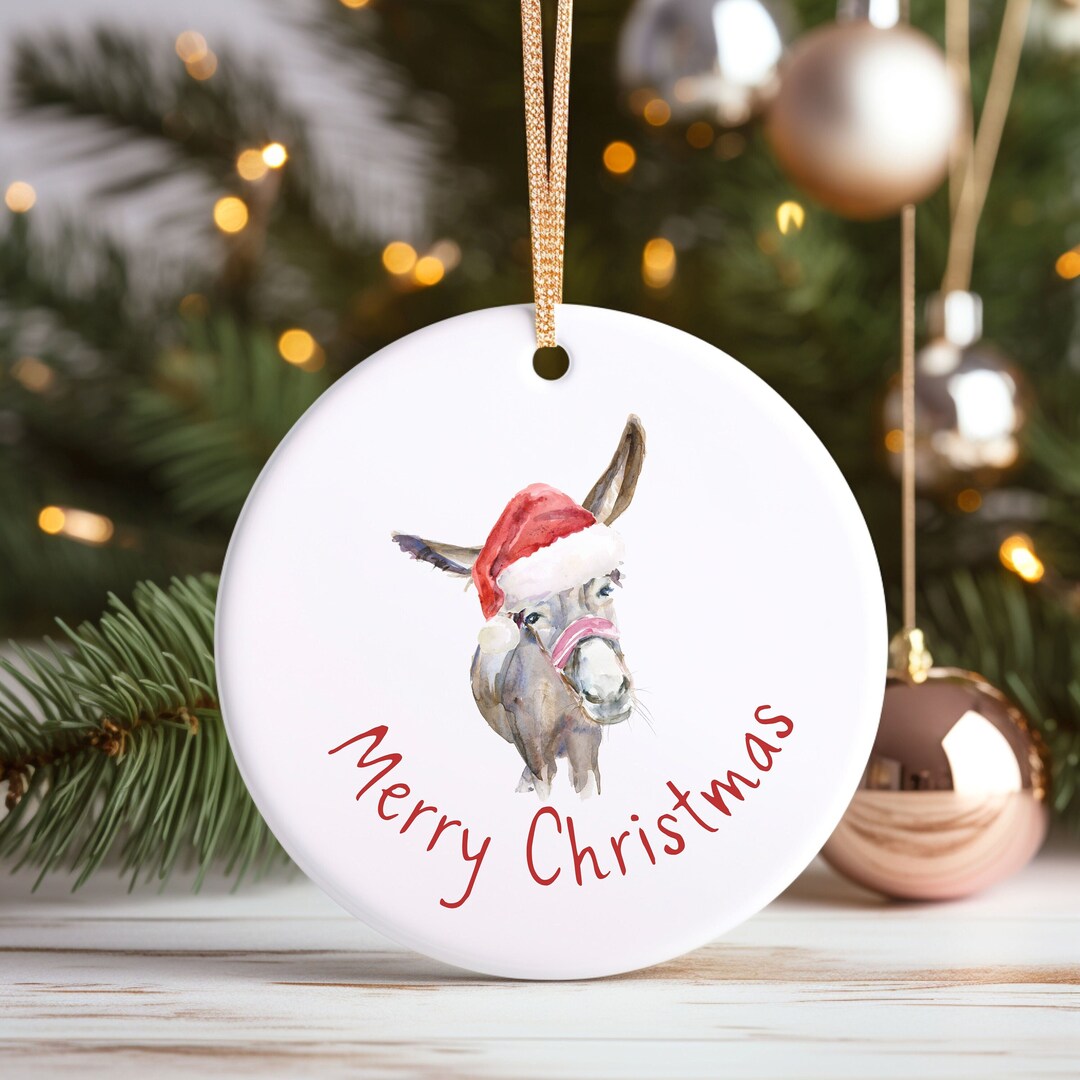 Donkey Santa Hat Christmas Ornament, Funny Watercolor Farm Animal Gift ...