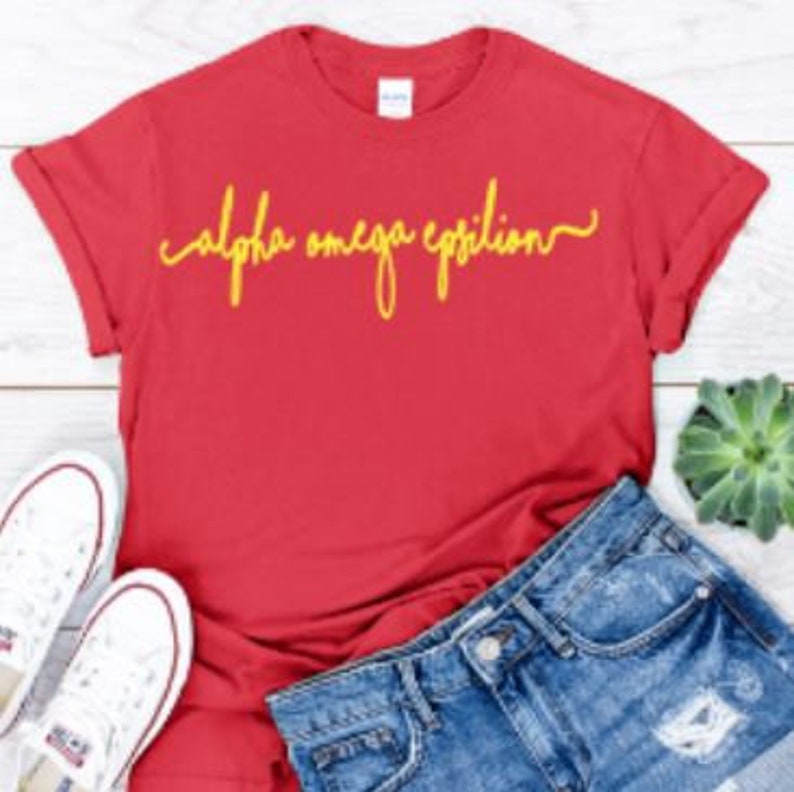 Alpha Omega Epsilon Handwriting Script Crew Neck Short Sleeve | Etsy