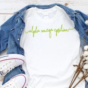 Alpha Omega Epsilon Handwriting Script Crew Neck Short Sleeve T Shirt ...