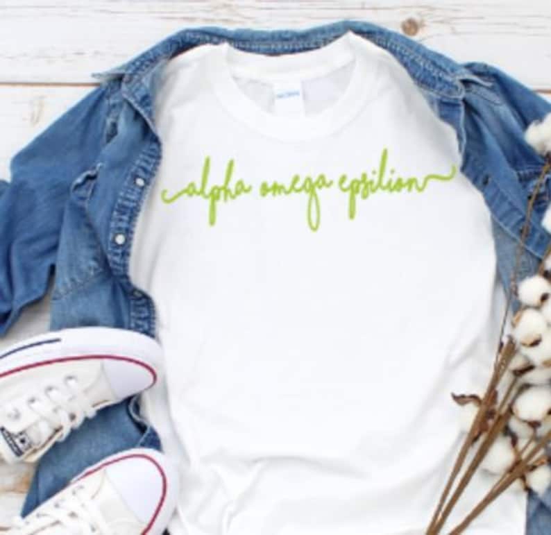 Alpha Omega Epsilon Handwriting Script Crew Neck Short Sleeve | Etsy