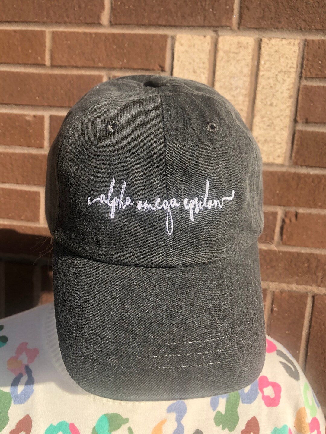 Embroidered Alpha Omega Epsilon Handwriting Script Baseball Cap ...