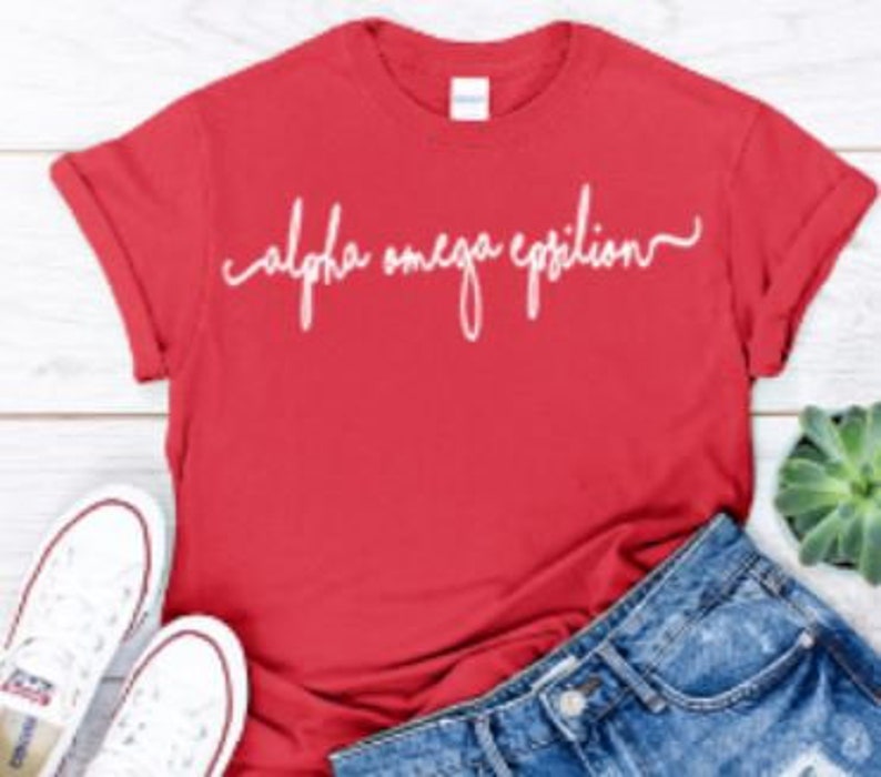 Alpha Omega Epsilon Handwriting Script Crew Neck Short Sleeve | Etsy